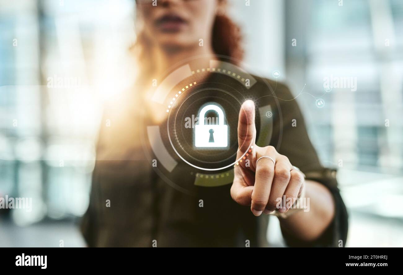 Hand point, lock hologram and cyber security with safety, pin and app ...