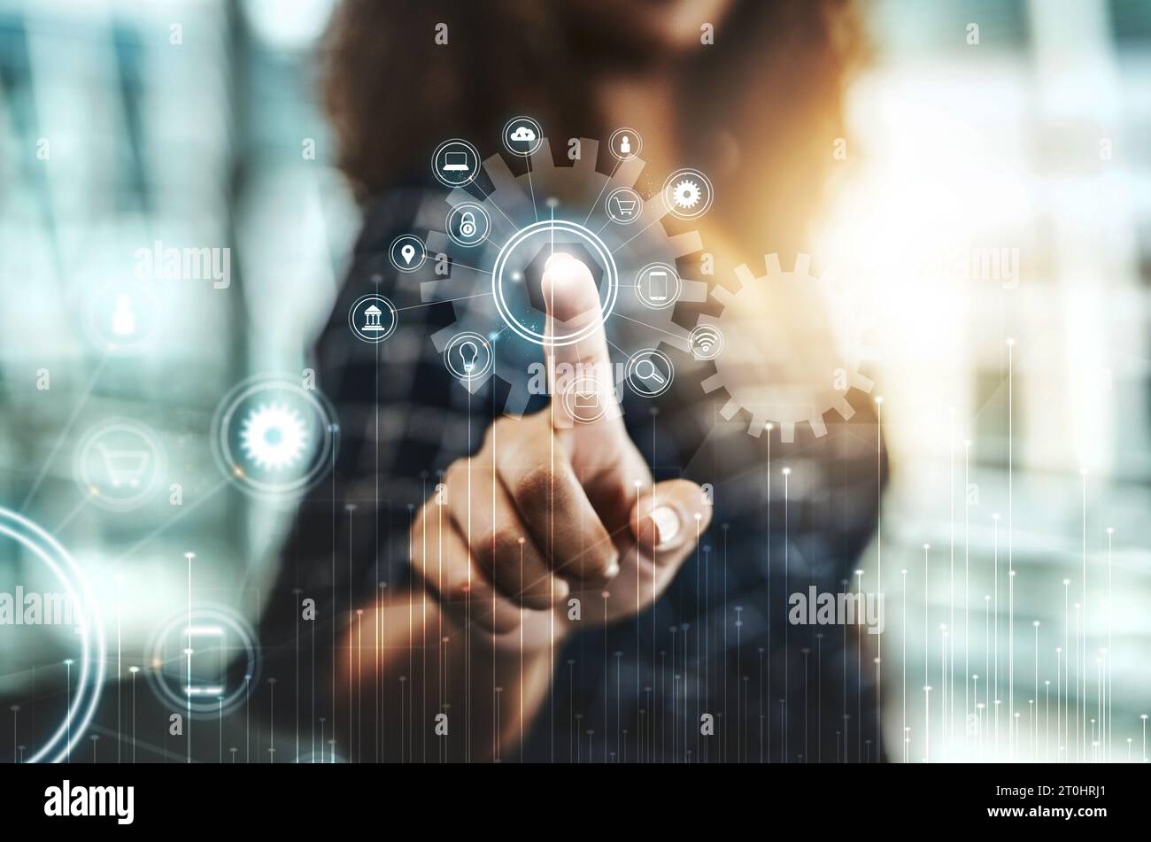 Gear icon, media hologram and woman hand touch for digital setting for ...