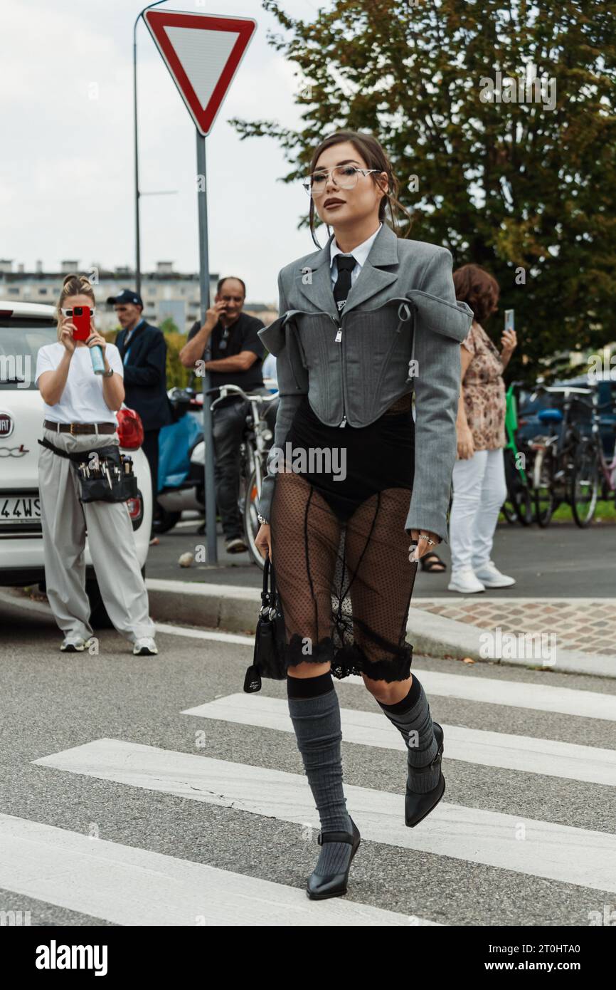 Karina Nigai seen outside PRADA show during Milan Fashion Week Womenswear Spring/Summer 2024 ...