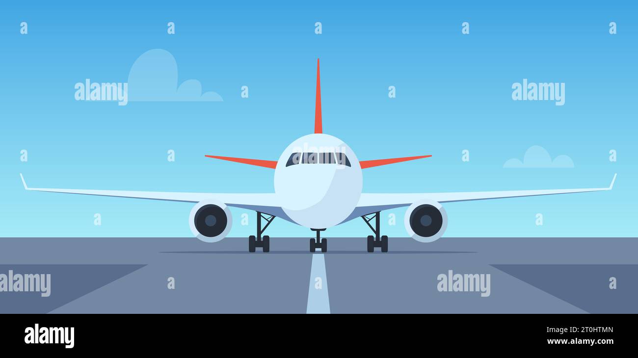 Passenger airplane on runway, front view. passenger aircraft takeoff ...