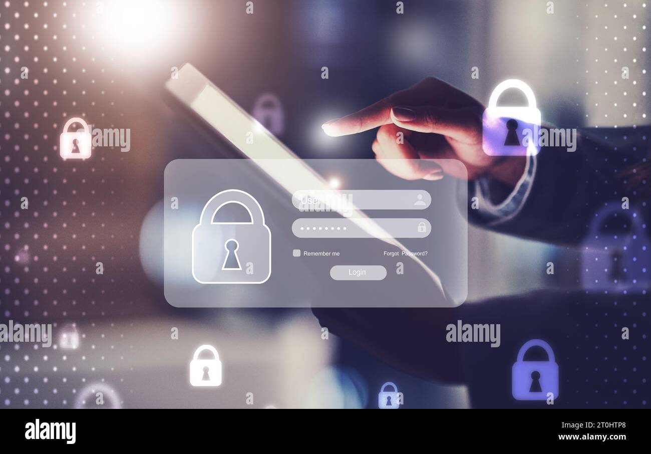 Hand, lock and password with hologram for cyber security, web safety and click for coding ...