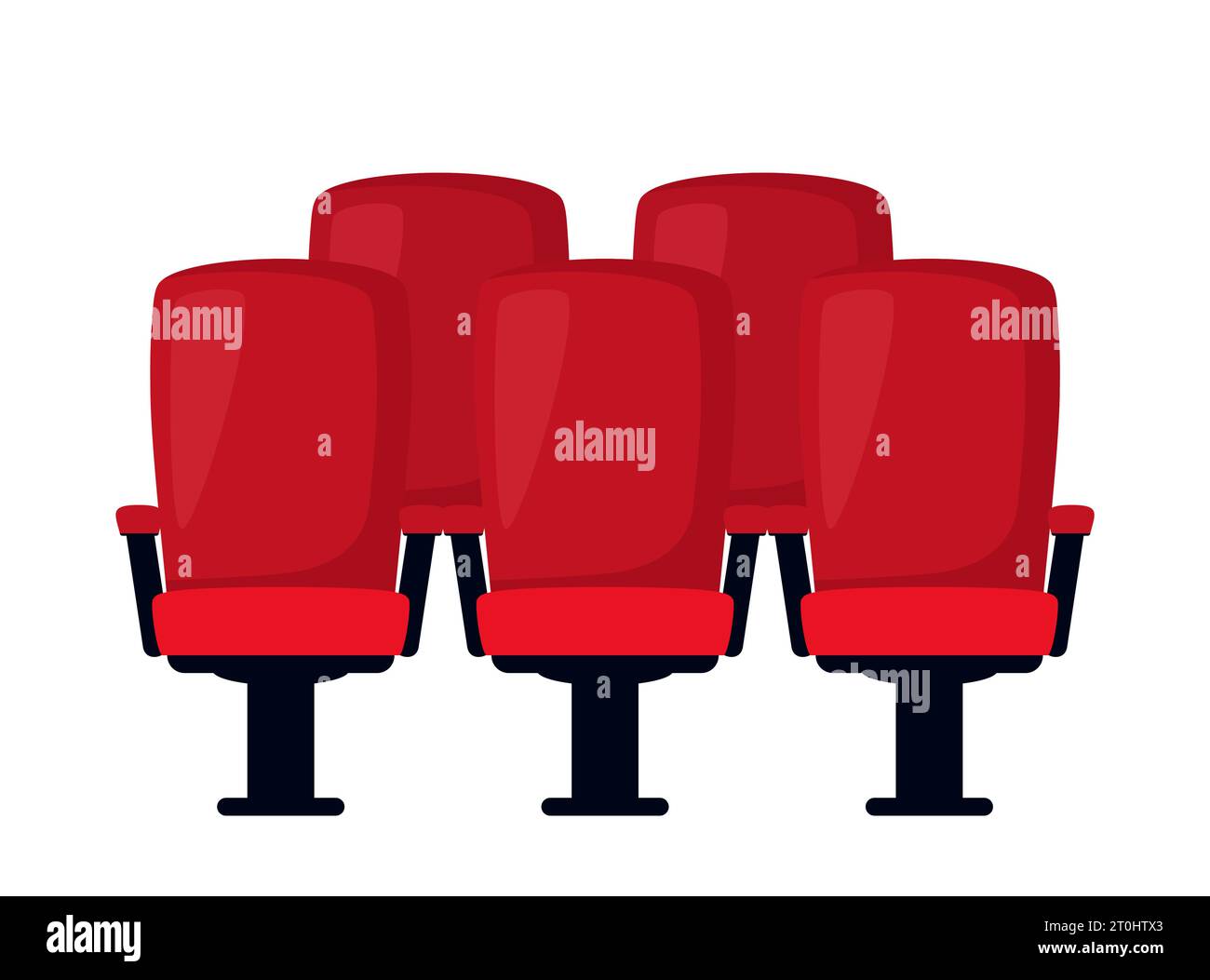 Rows of theater movie or cinema seats isolated on white. Red velvet chairs. Premier showtime ...