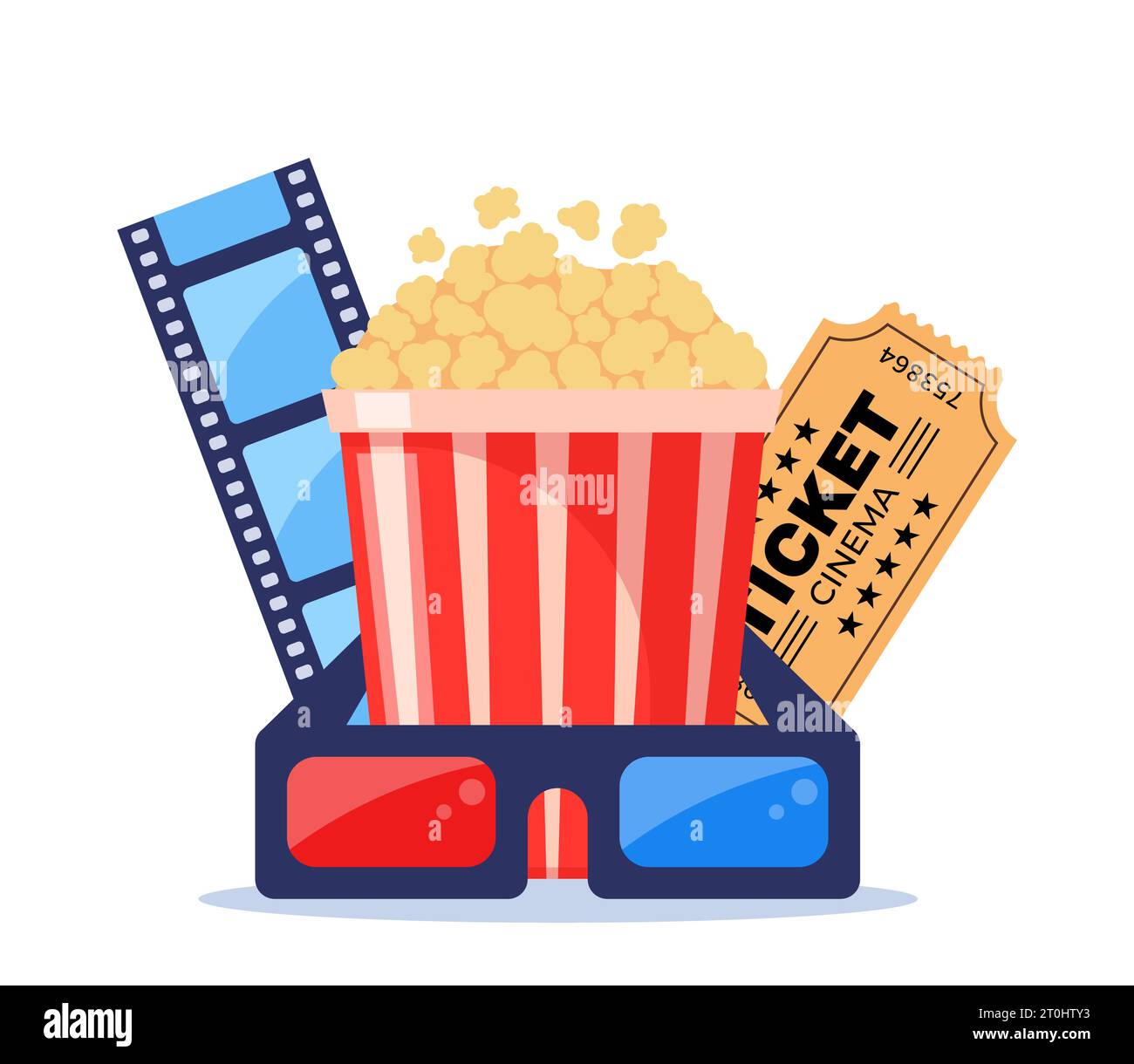 Movie time. Composition with popcorn, clapperboard, 3d glasses and ...