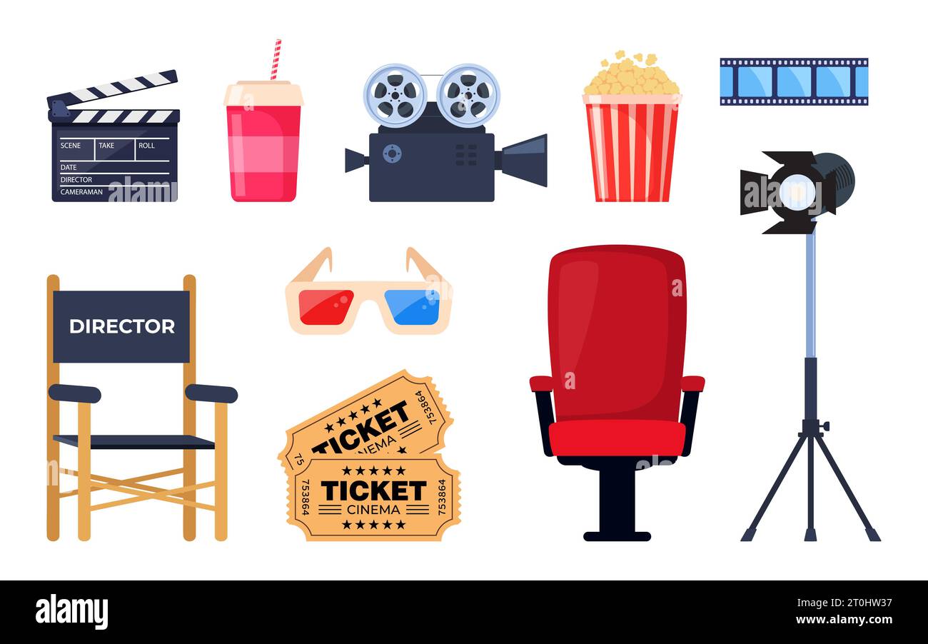 Cinema elements. Tickets, popcorn bucket, 3D glasses, clapperboard ...