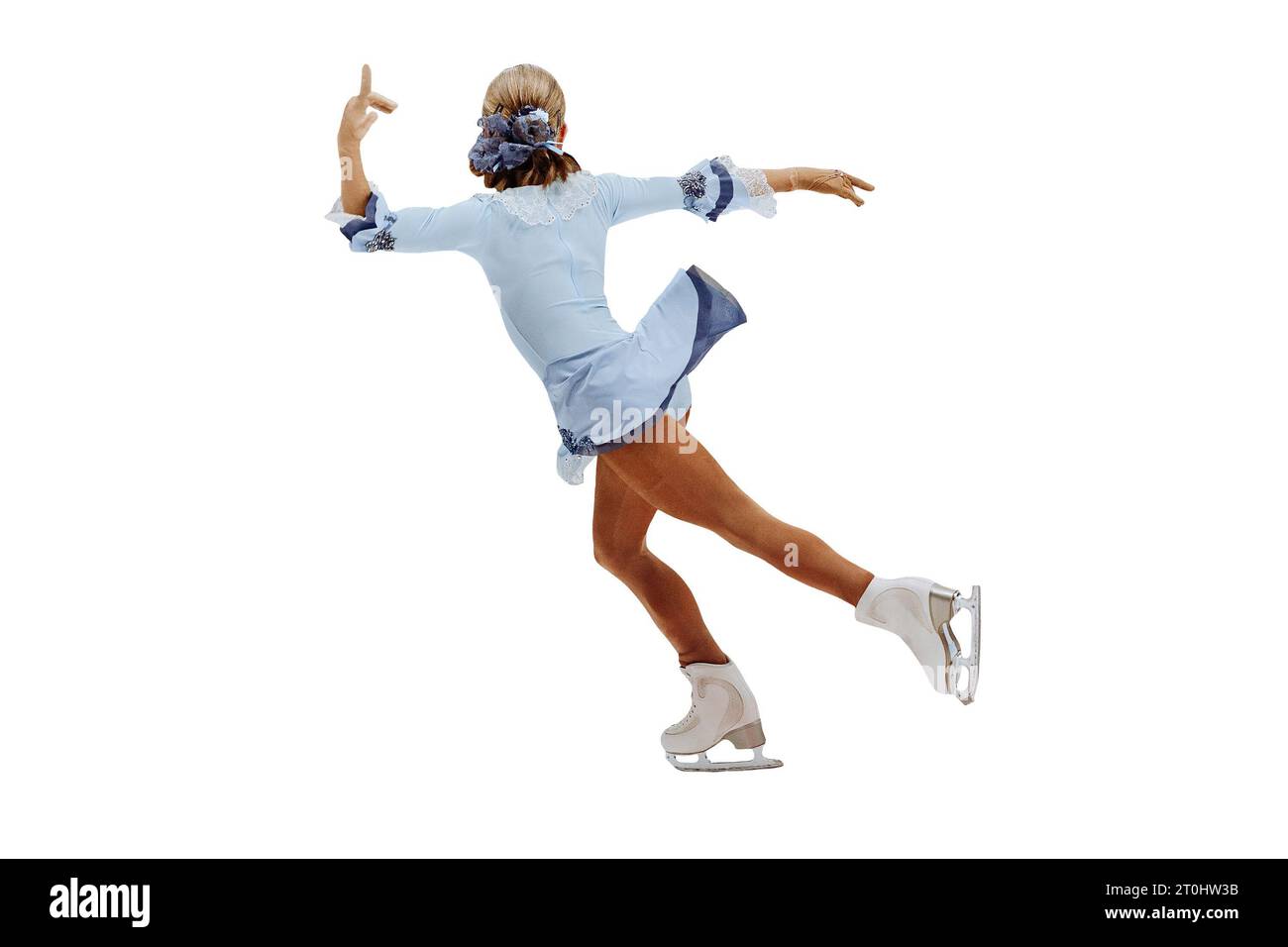 figure skating single, rear view girl figure skater in blue dress ...