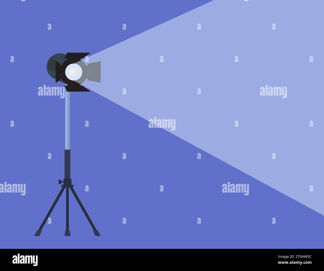 Cinema spotlight. Lamp projector on a tripod with scattered rays. Light ...