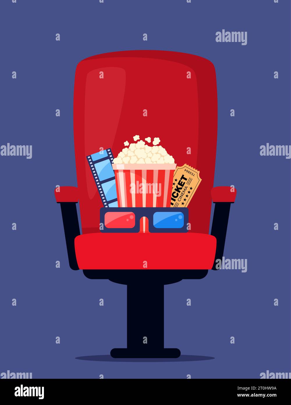 Red cinema armchair with soda, popcorn and 3d glasses. Cinema poster ...