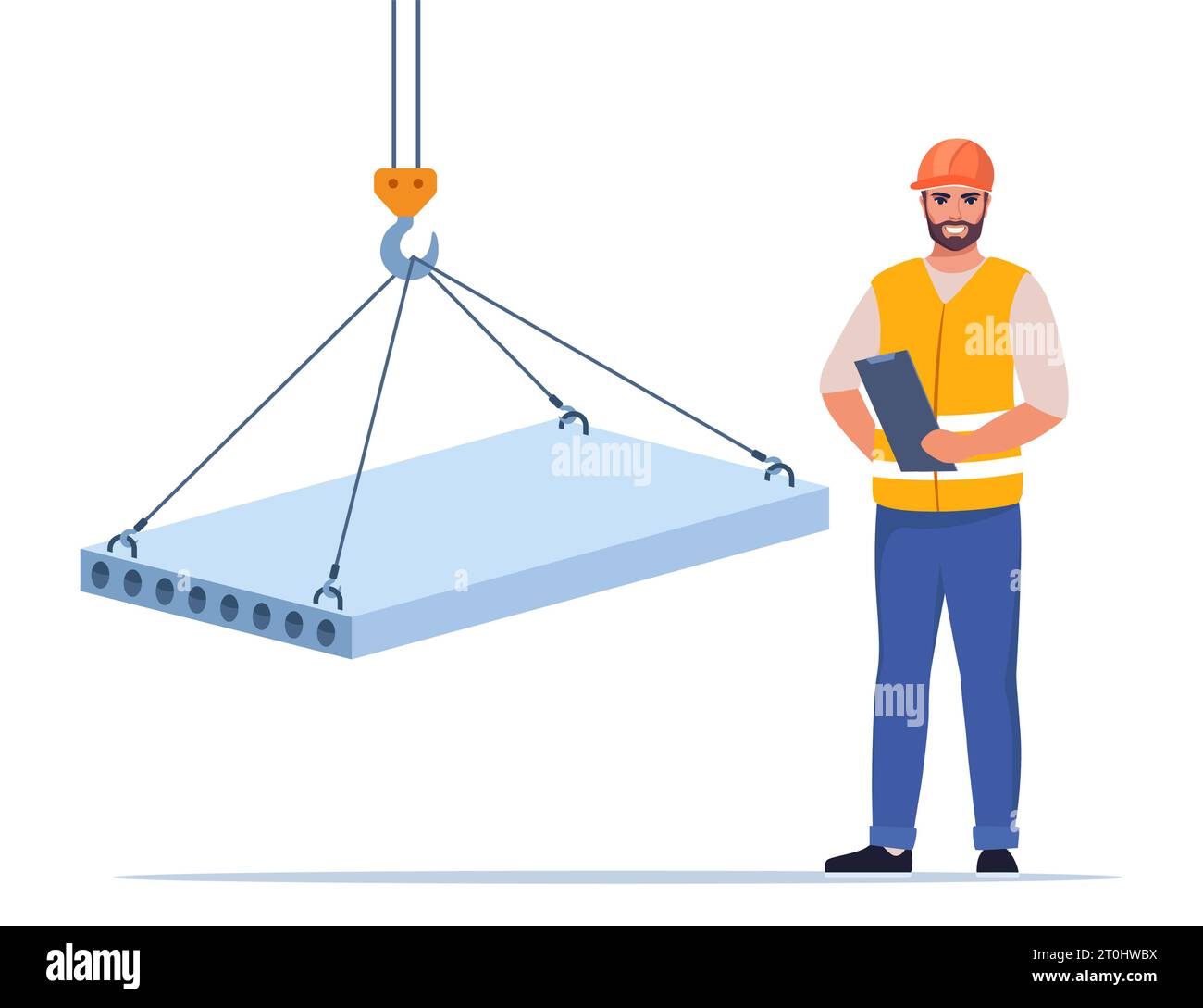 Slab hanged on crane hook by rope slings. Man engineer looking for ...
