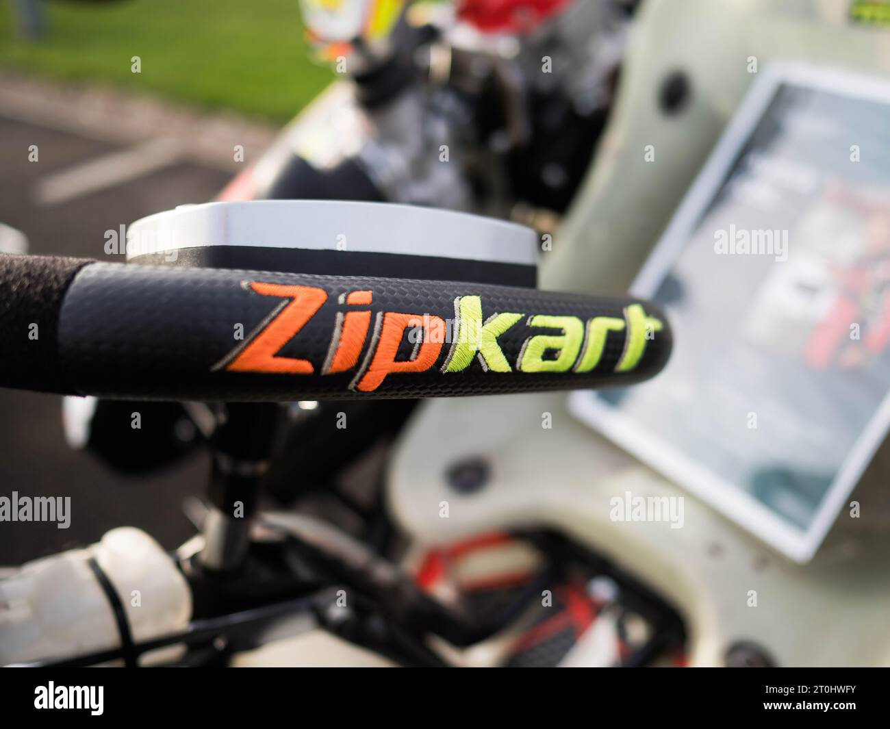 The steering wheel of a Zipkart racing kart on dispay at the Aston ...
