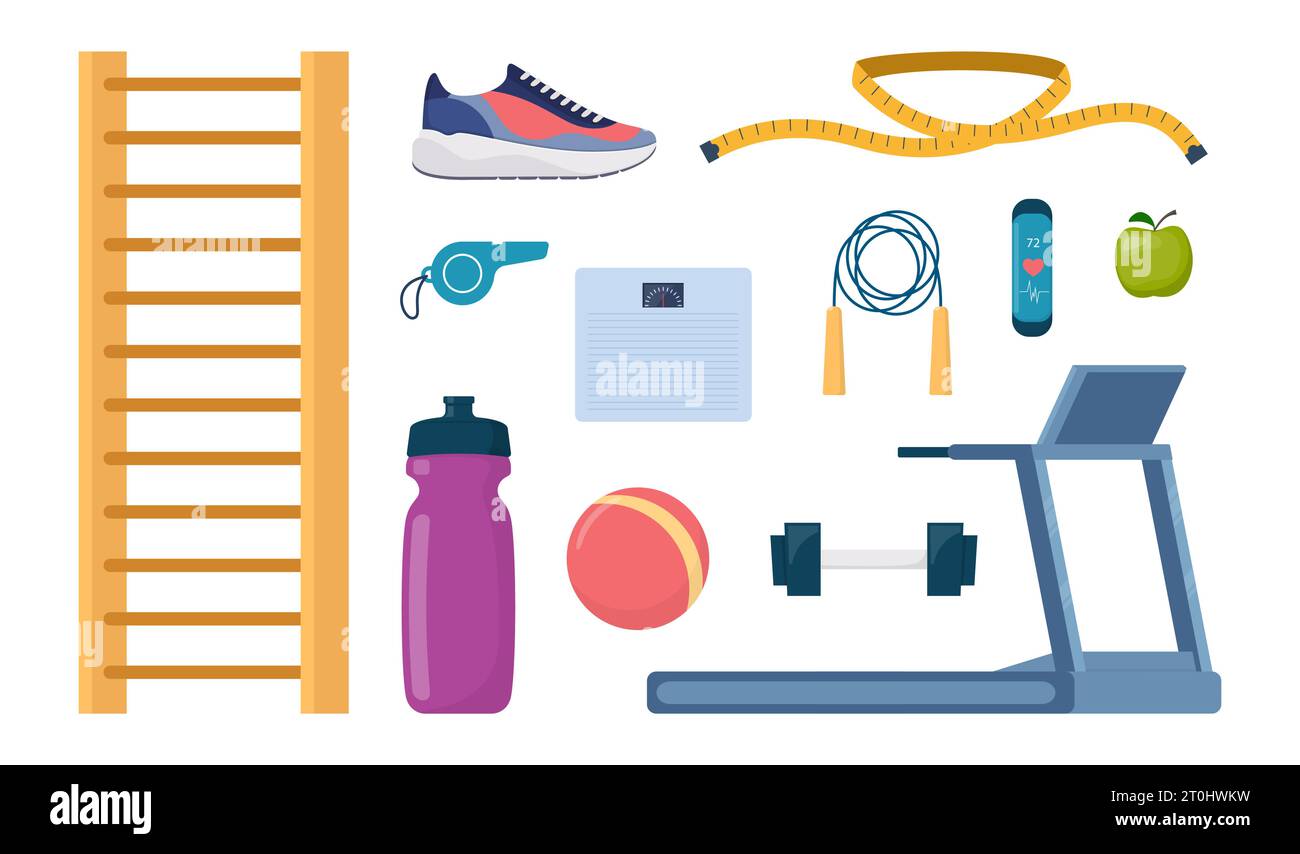 Gym sport fitness exercise workout equipment set icons. Treadmill ...