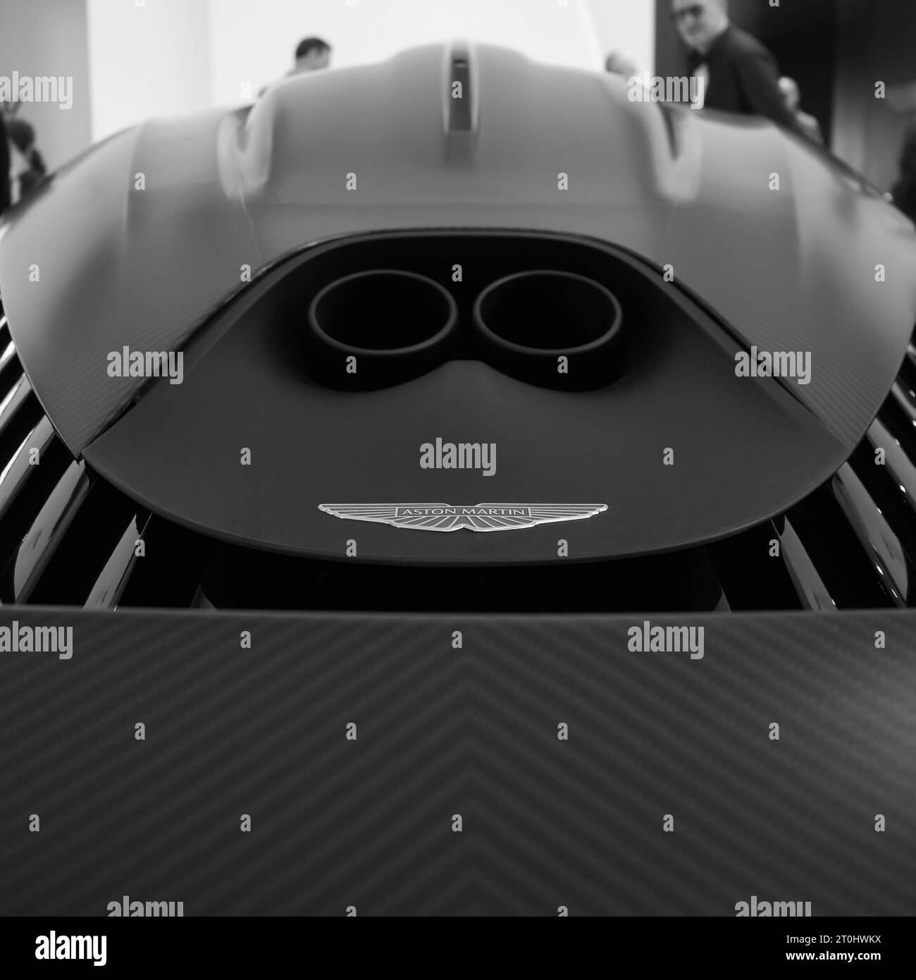 Detail of the exhaust of an Aston Martin Valhalla, on display at the ...