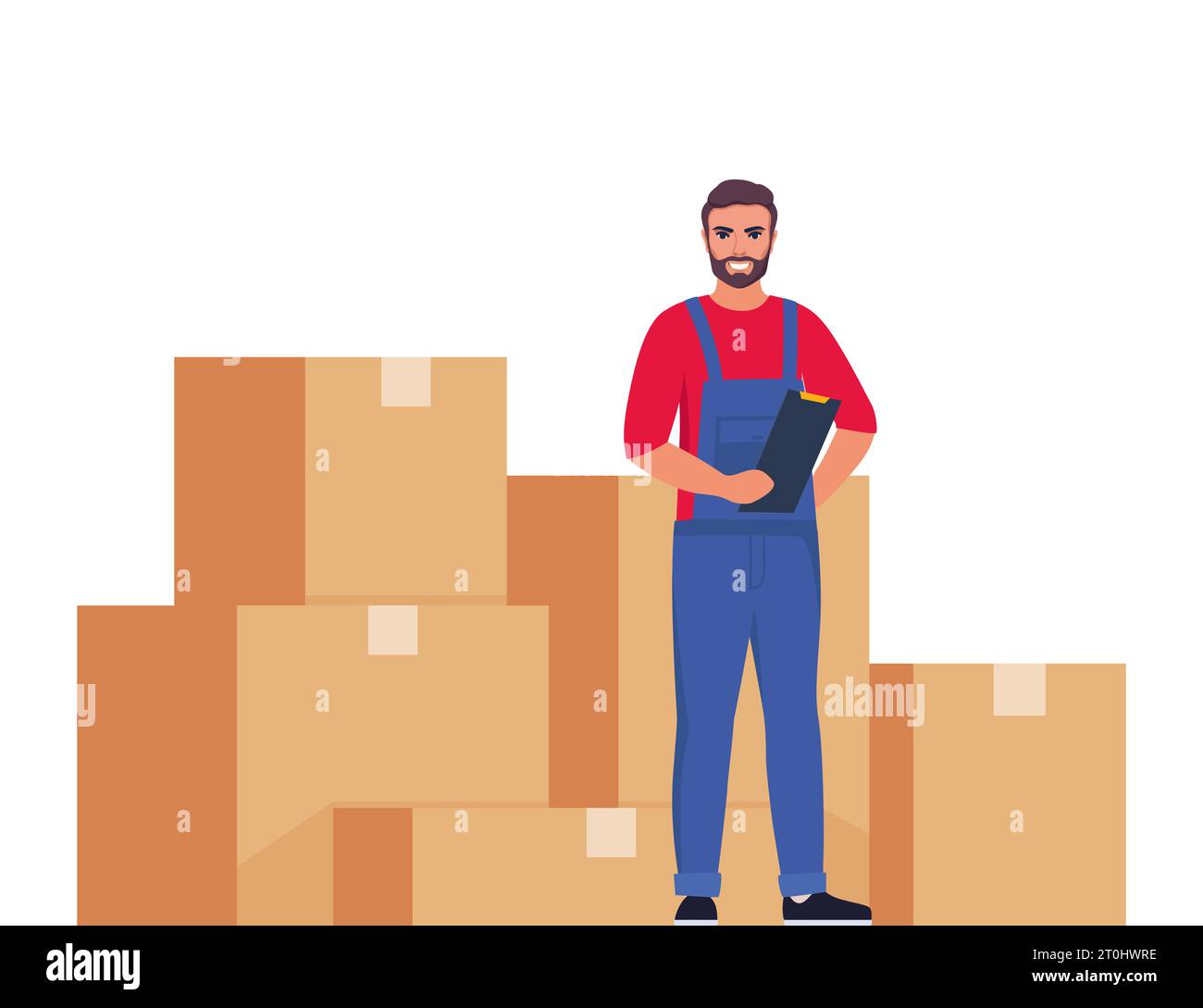 Warehouse worker and stack of boxes. Stock taking job. Vector ...