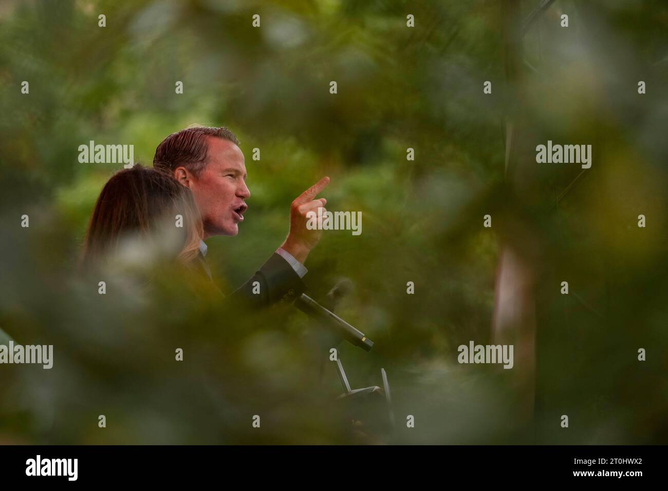 Ohio Lt. Gov. Jon Husted joined by his spouse Tina Husted speaks during ...