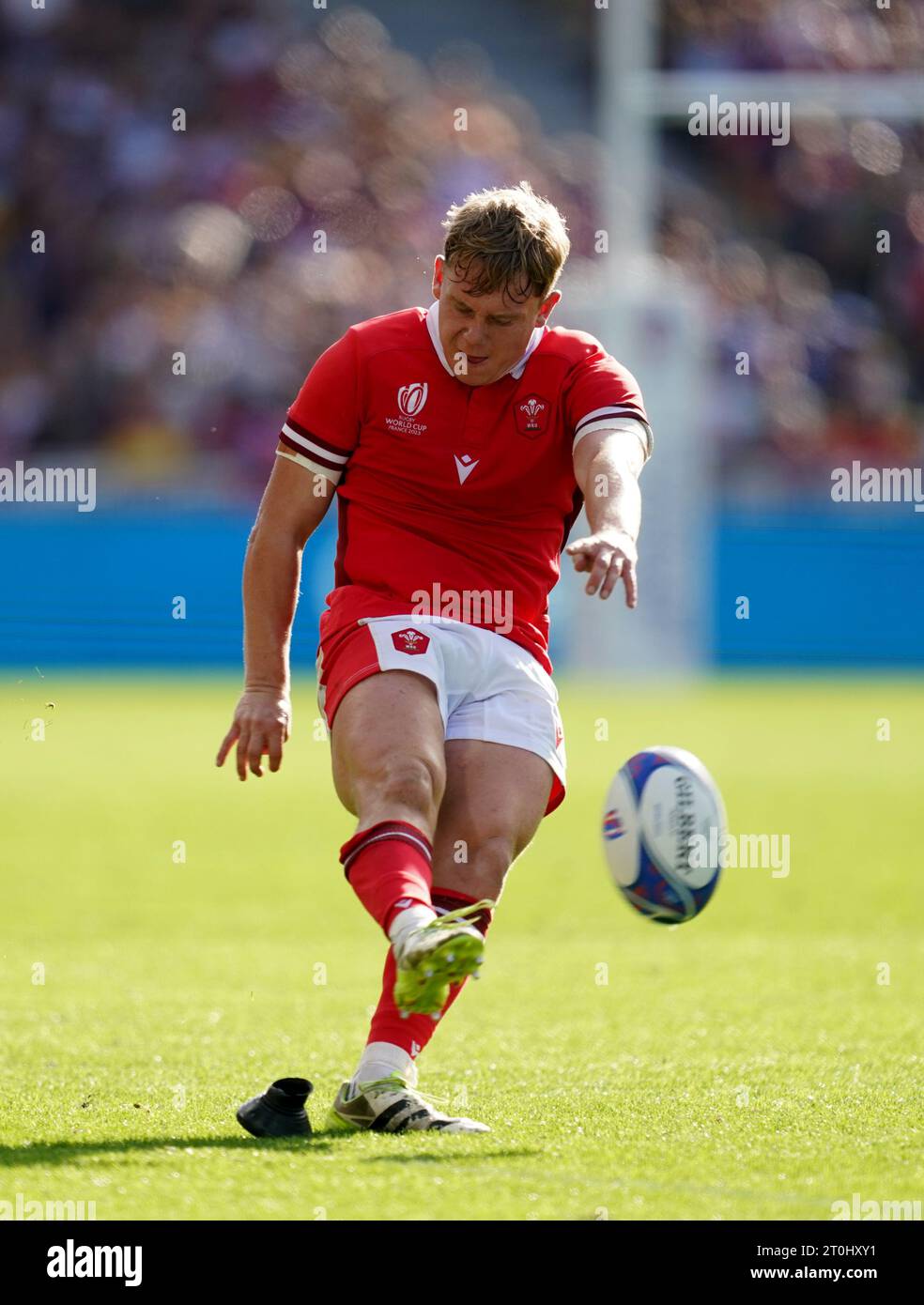 Wales' Sam Costelow kicks a conversion during the Rugby World Cup 2023 ...