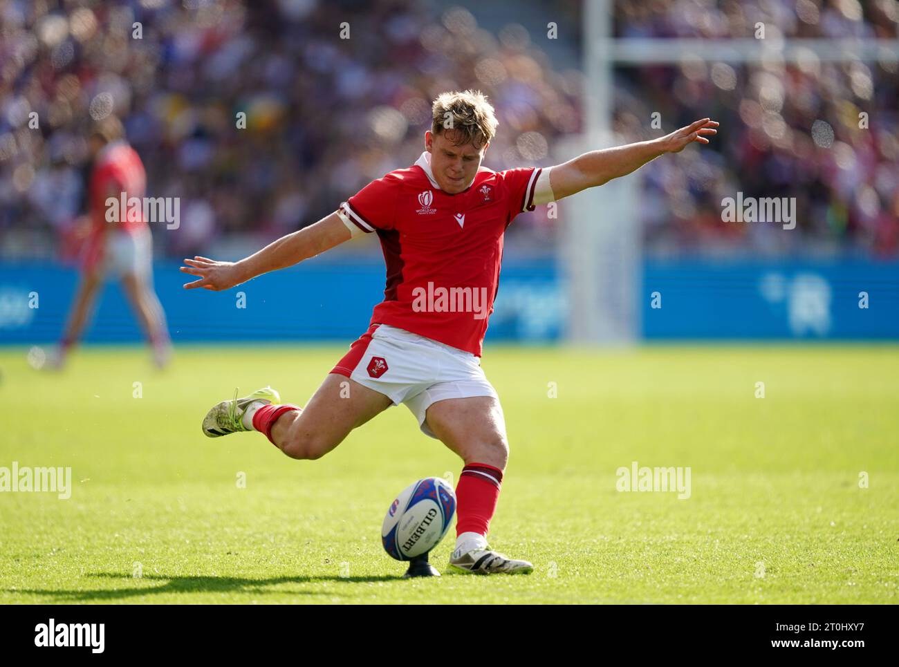 Wales' Sam Costelow kicks a conversion during the Rugby World Cup 2023 ...