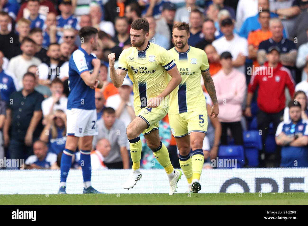 Preston North End's Ben Whiteman (centre) celebrates scoring their side ...