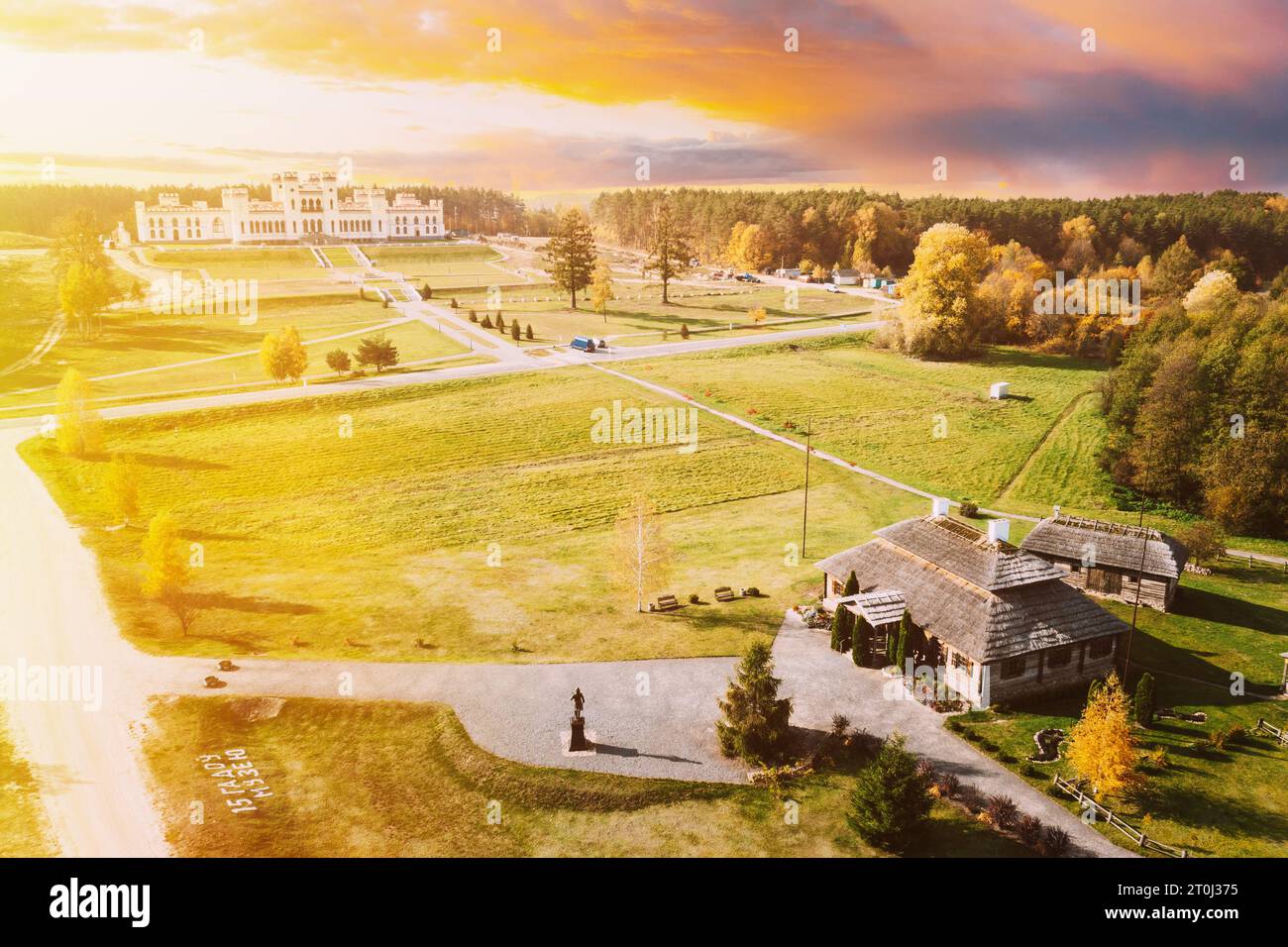 Kosava, Belarus. Puslowski Palace Castle. Aerial Bird's-eye View Of ...