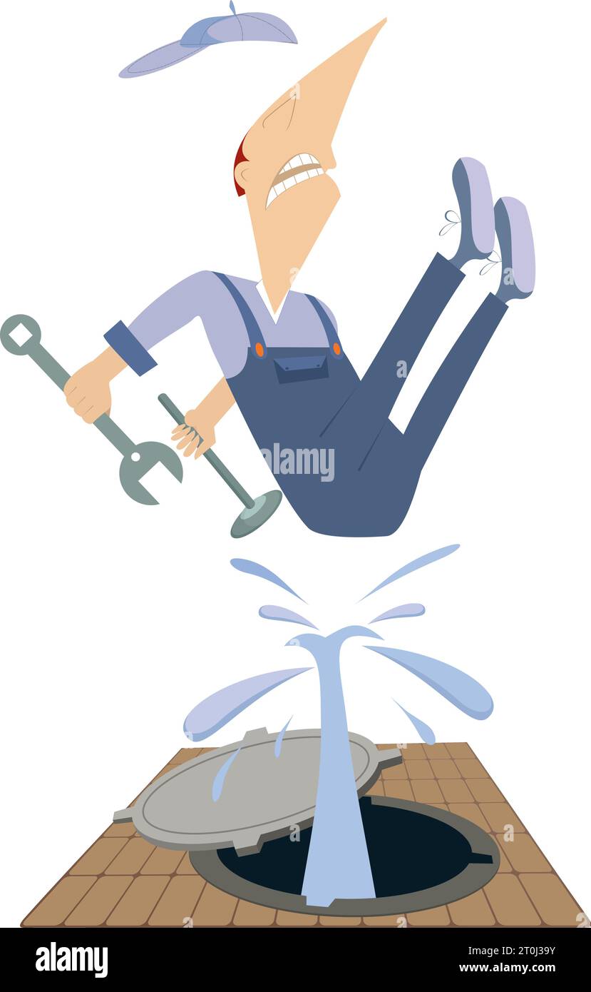 Problems with repair sewer manhole. Worker with plunger in one the hand ...