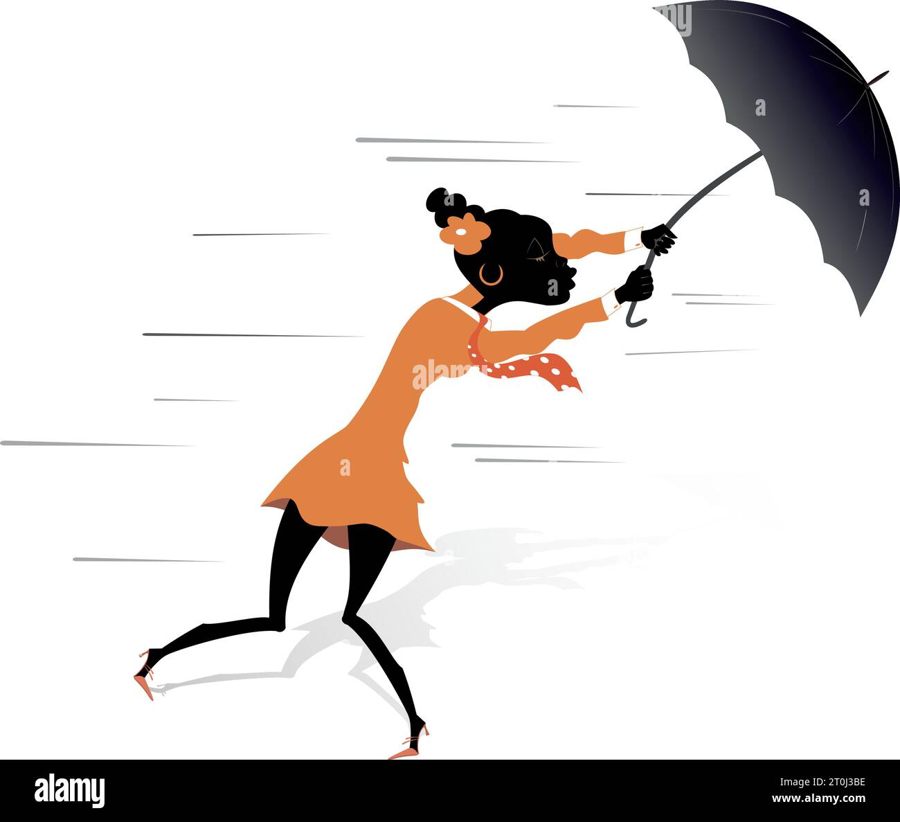 Strong wind. Young African woman with umbrella. Bad weather. African ...