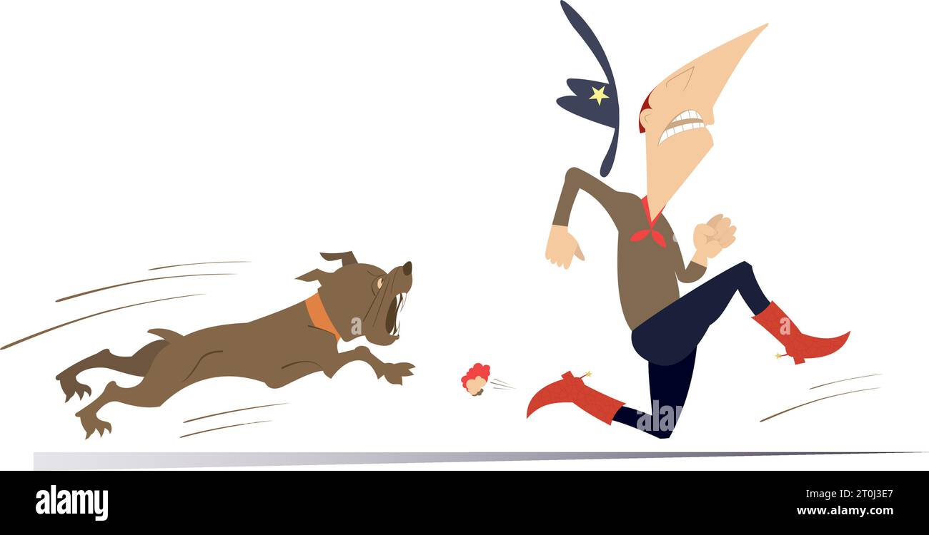 Farmer or cowboy and angry dog. Frightened farmer or cowboy running ...