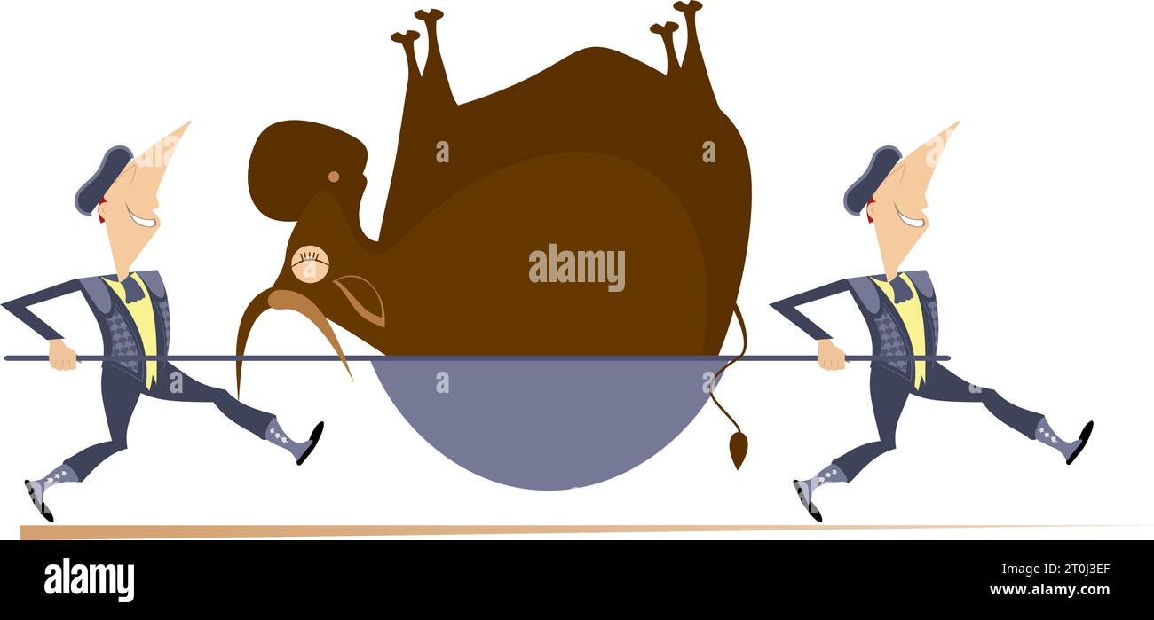 Bullfight. Injured bull, two bullfighters with a stretcher. Two ...