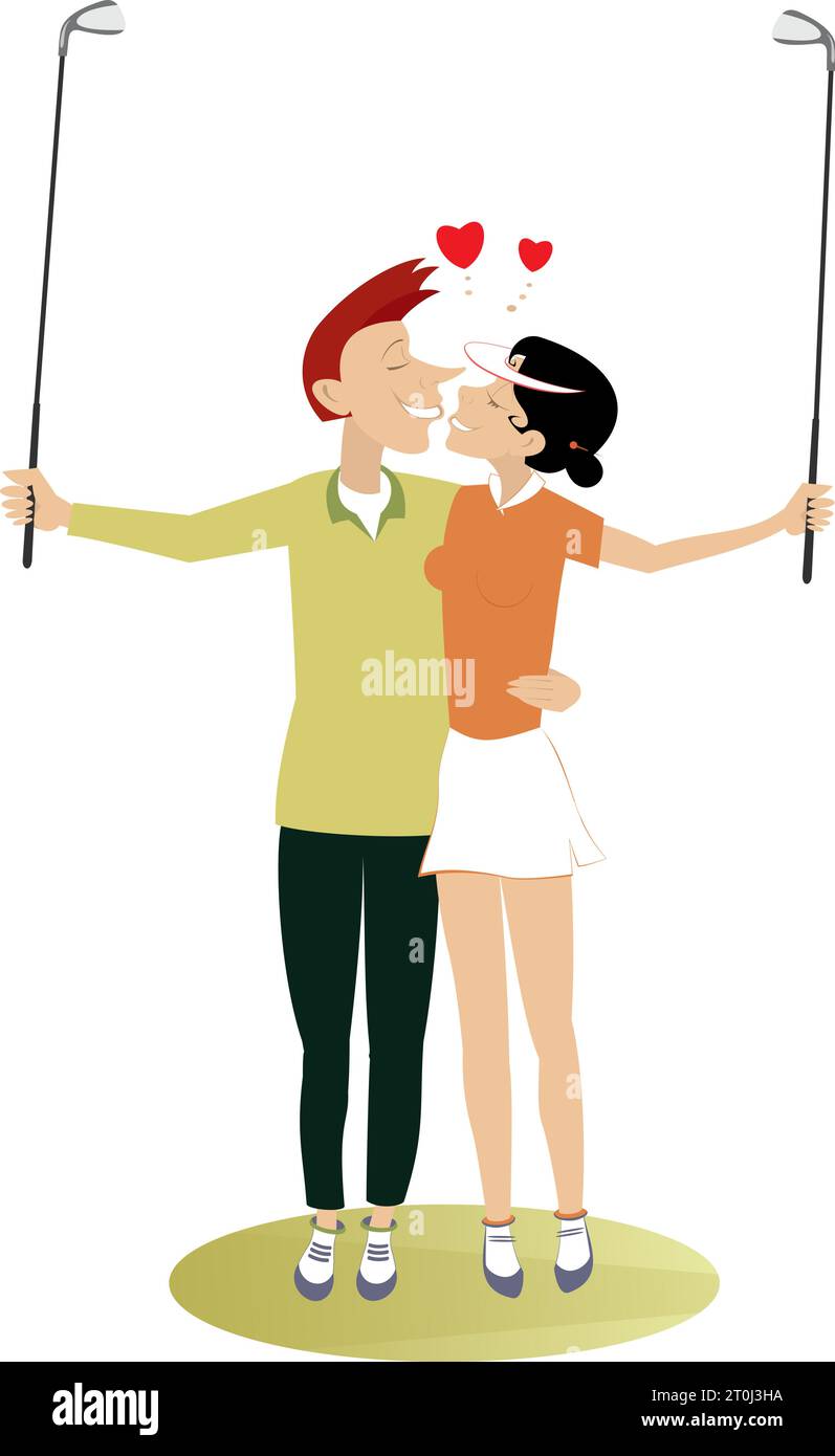 Golf course. Man and woman falling in love and kissing. Love couple ...