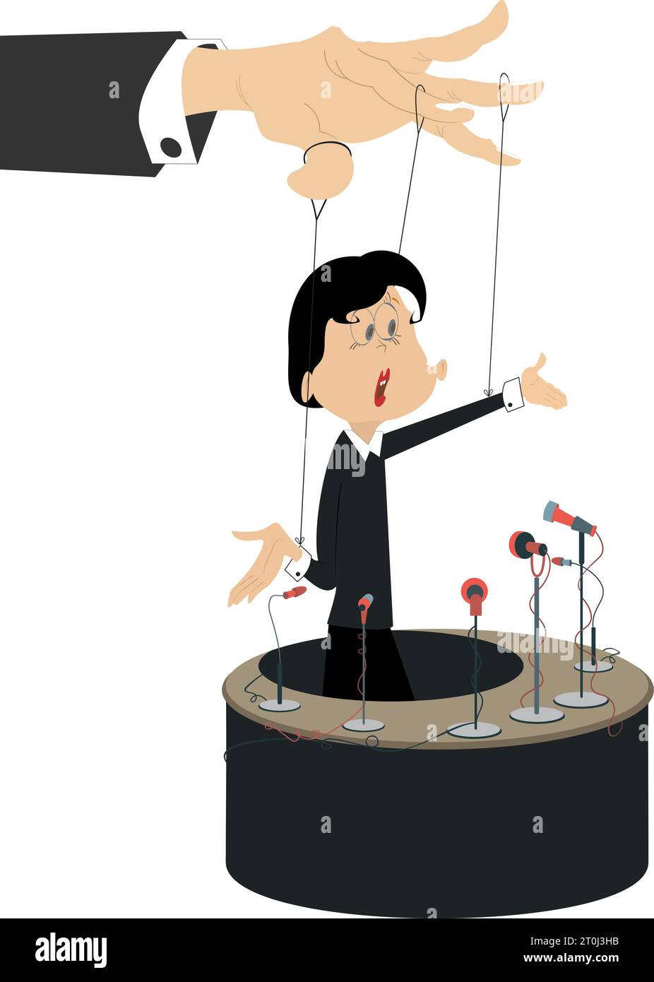 A young woman speaker making a report and controlled like puppet ...
