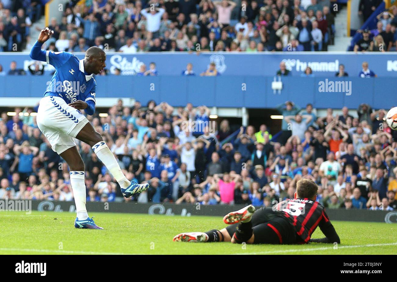Everton's Abdoulaye Doucoure (left) scores their side's third goal of ...