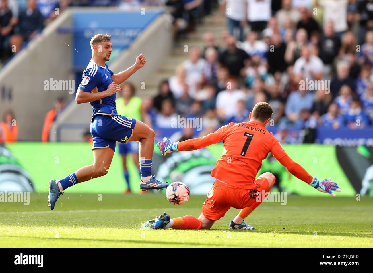 Stoke City goalkeeper Mark Travers saves a shot from Leicester City's ...