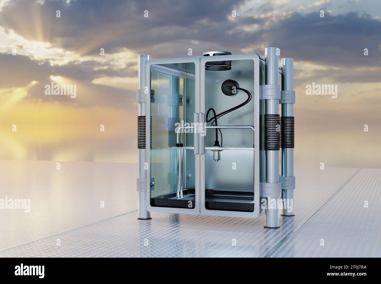Hightec futuristic looking 3d printer with massive piles standing on ...