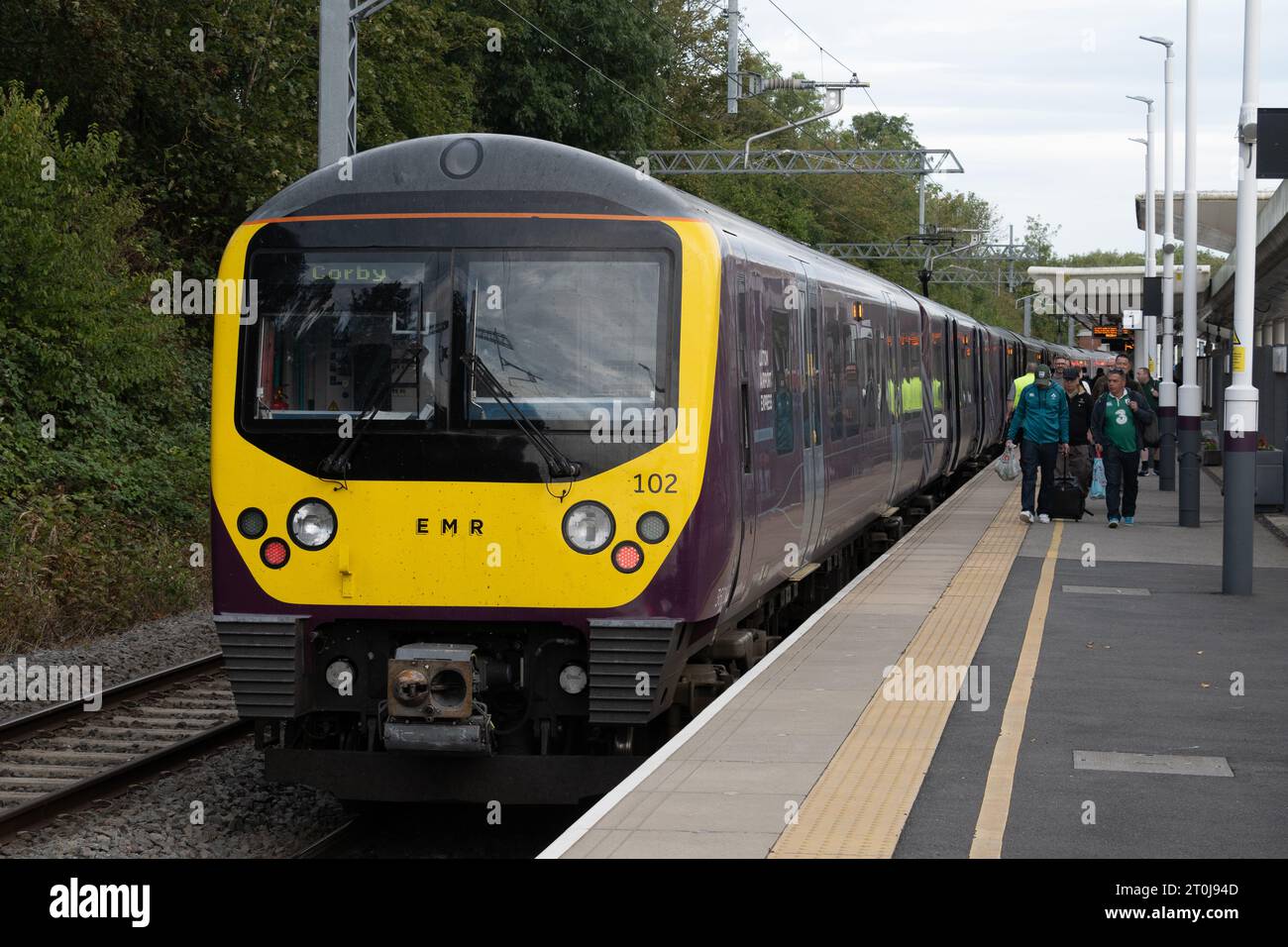 East Midlands Railway class 360 DEsiro electric train at Corby station, Northamptonshire, UK ...