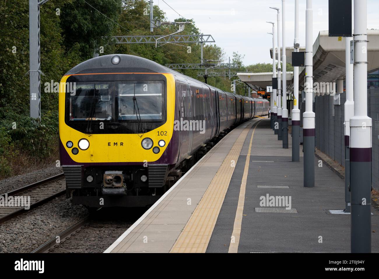 East Midlands Railway class 360 Desiro electric train at Corby station, Northamptonshire, UK ...