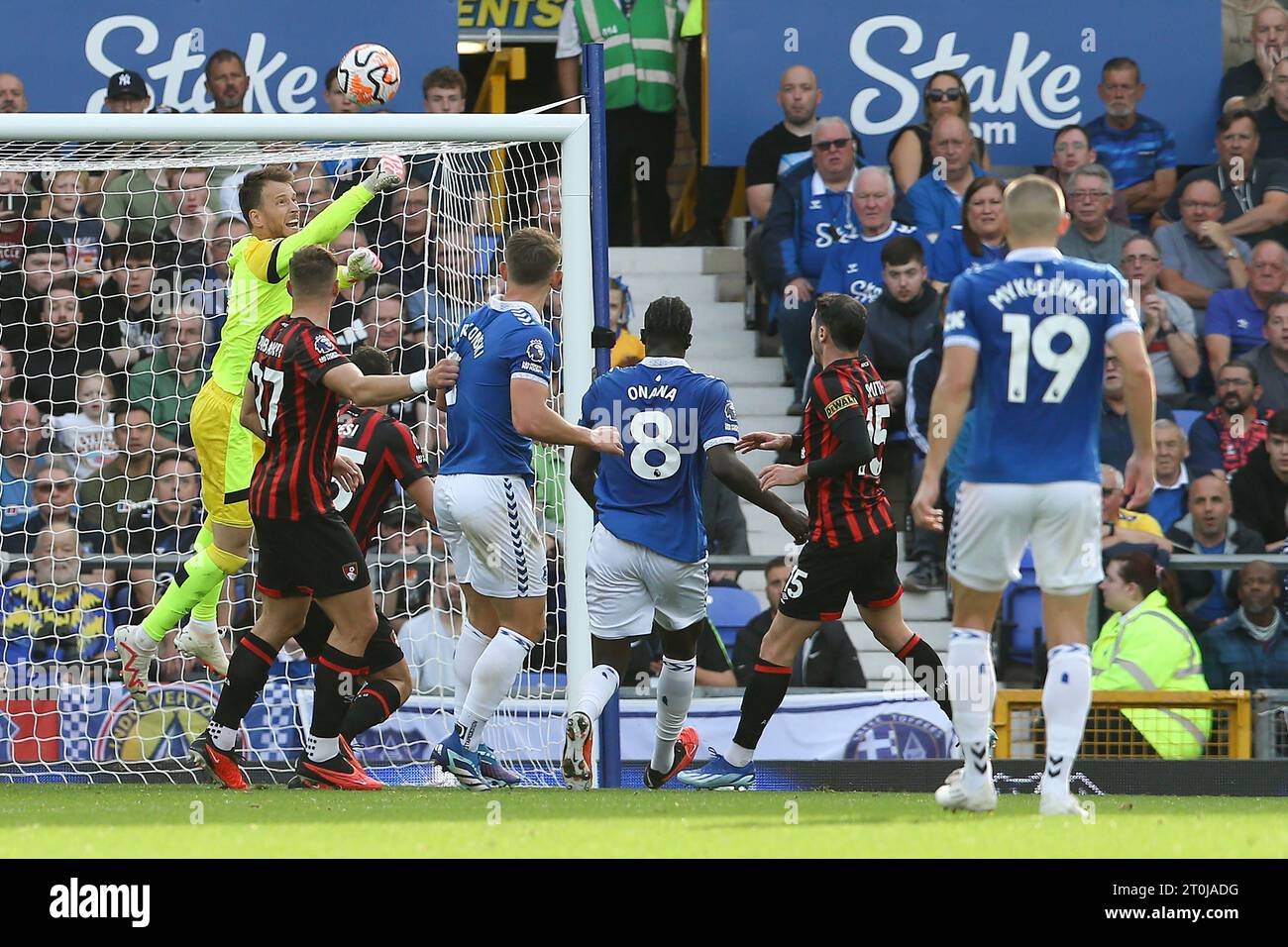 Everton, UK. 07th Oct, 2023. Neto the goalkeeper of Bournemouth punches ...