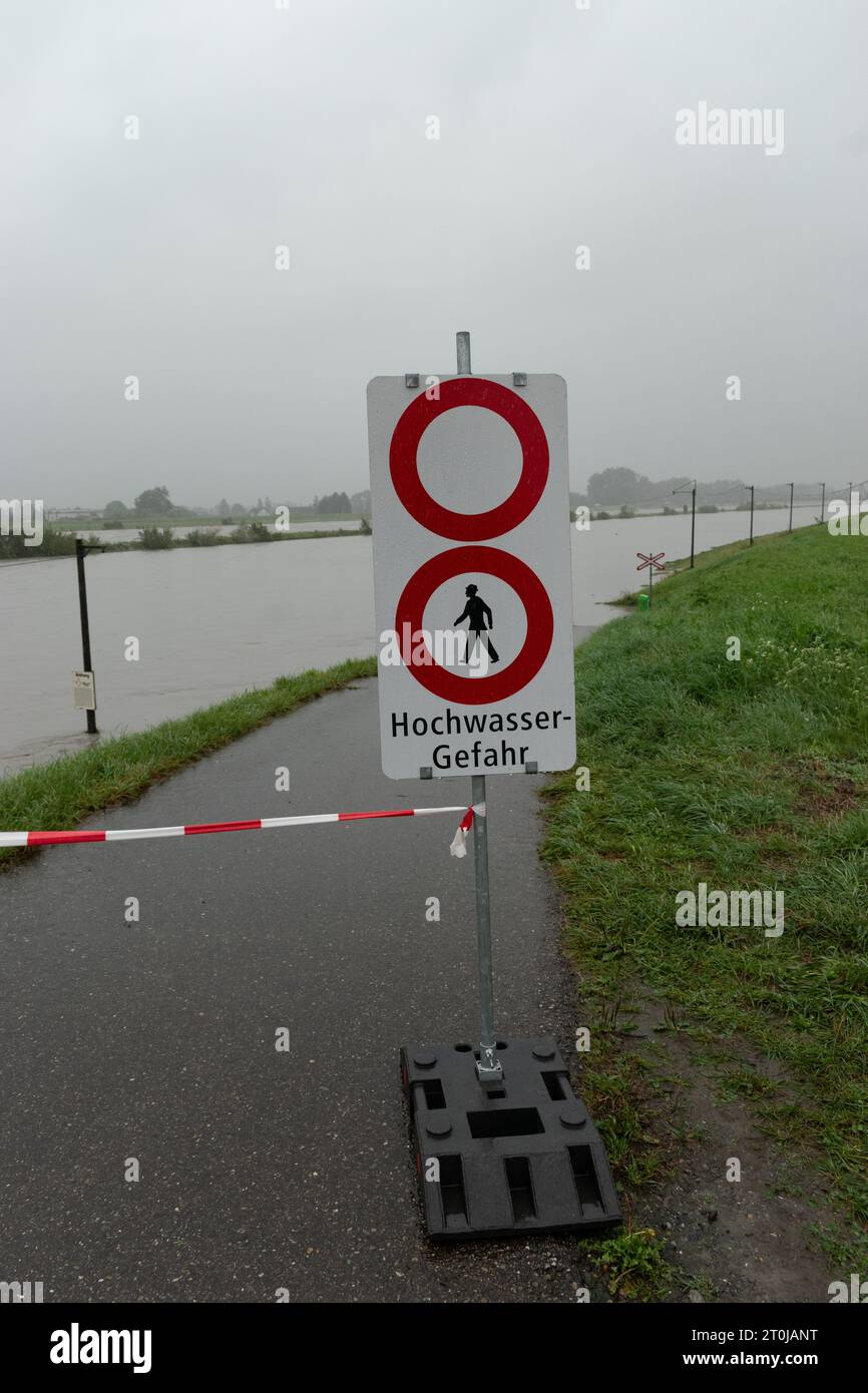 Diepoldsau, Switzerland, August 28, 2023 Caution sign is warning at the ...