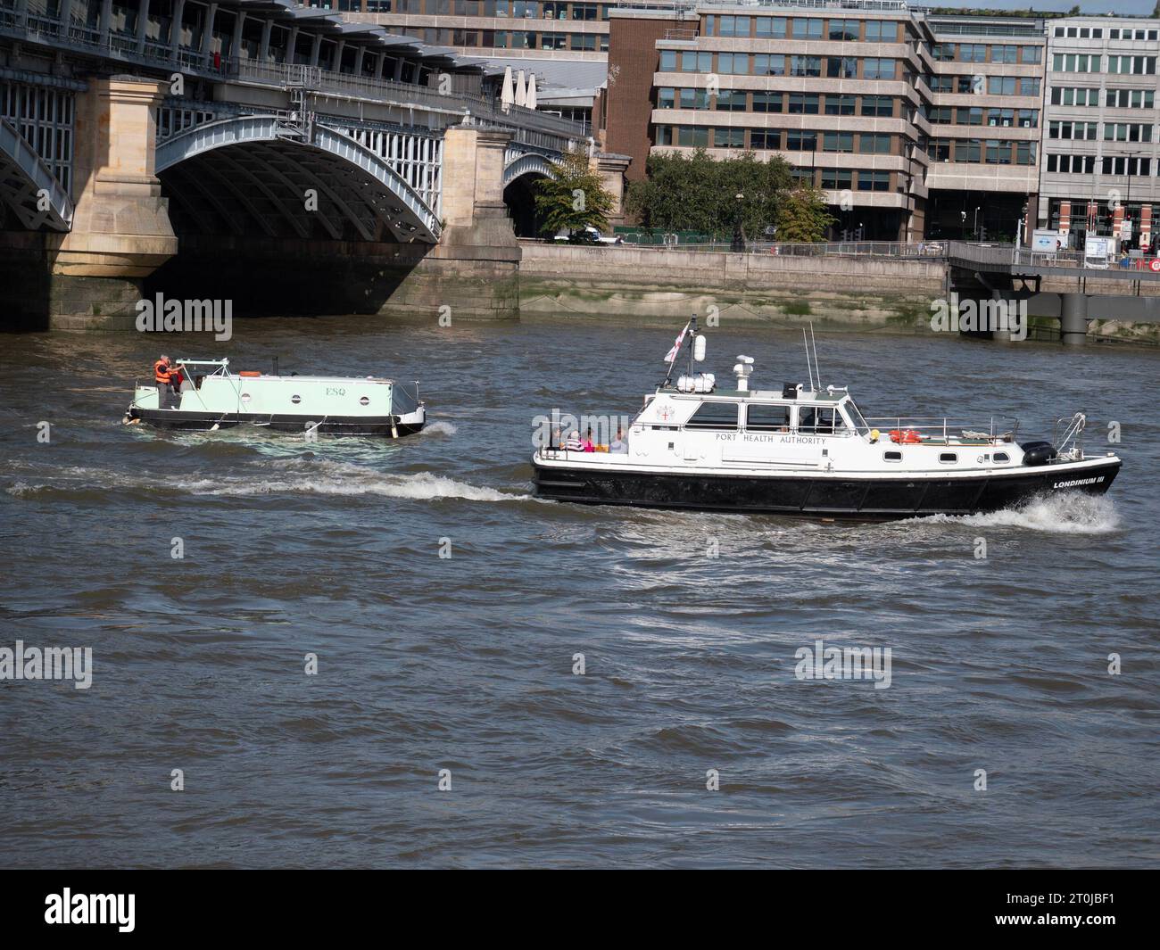 Port Health Authority motor boat, on the Thames River in Central London ...