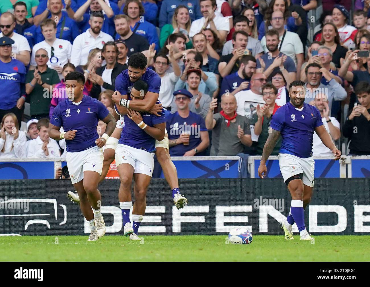 Samoa's Nigel Ah-Wong celebrates scoring their second try of the game ...