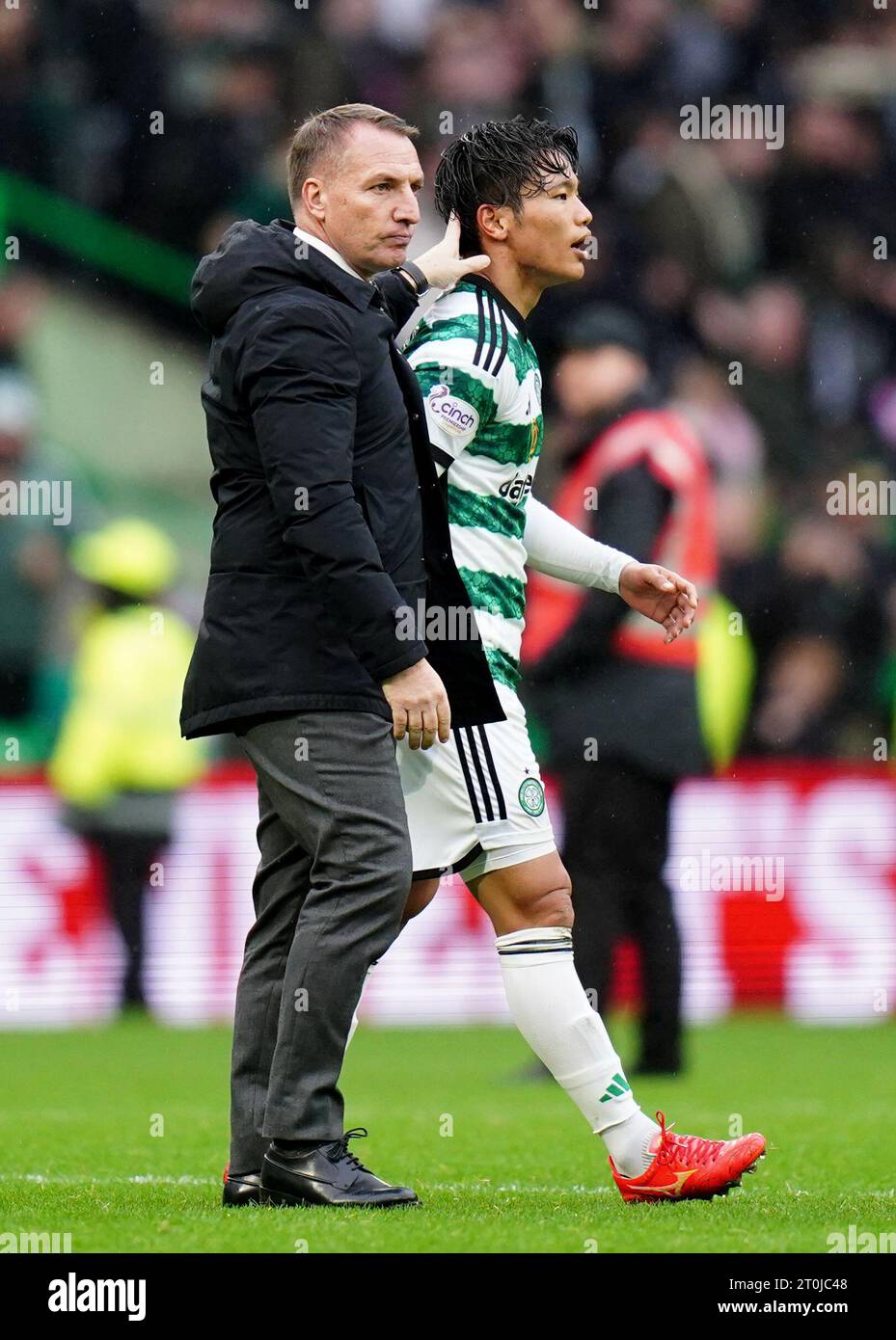 Celtic’s manager Brendan Rodgers with Reo Hatate after the cinch ...