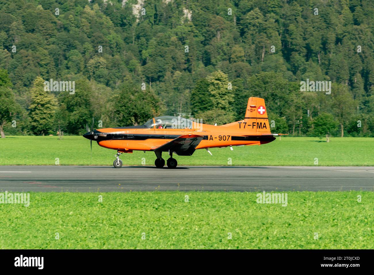 Mollis, Switzerland, August 18, 2023 Pilatus PC-7 propeller aircraft is ...
