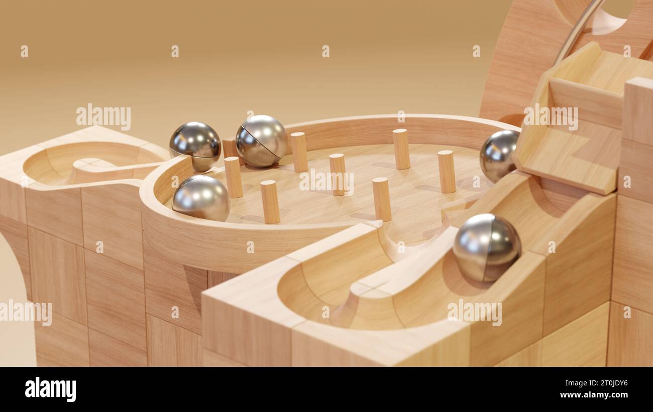 Wooden marble run machine with natural lighting and plain background ...