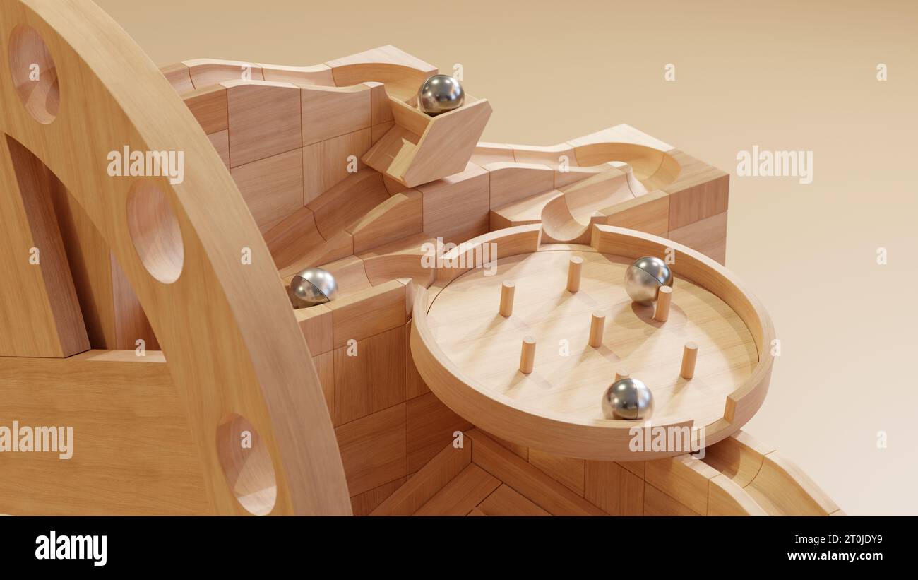 Wooden marble run machine with natural lighting and plain background ... Wooden marble run machine with natural lighting and plain background ...