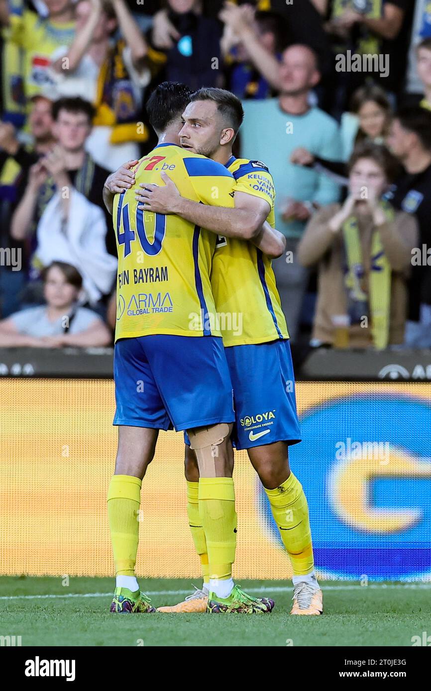 Westerlo, Belgium. 07th Oct, 2023. Westerlo's Erdon Daci celebrates ...