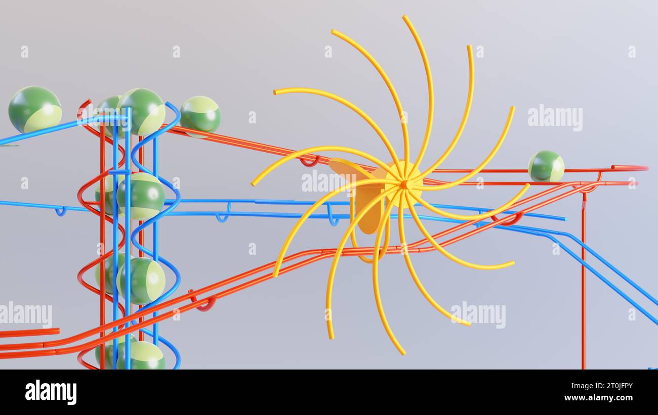 Colorful steel track rolling ball sculpture with plain background ...
