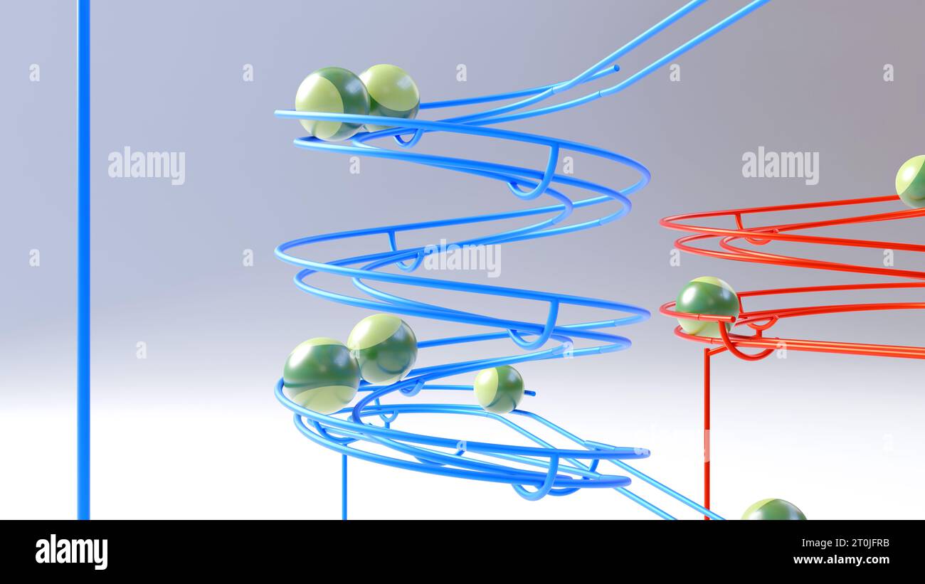 Colorful steel track rolling ball sculpture with plain background ...