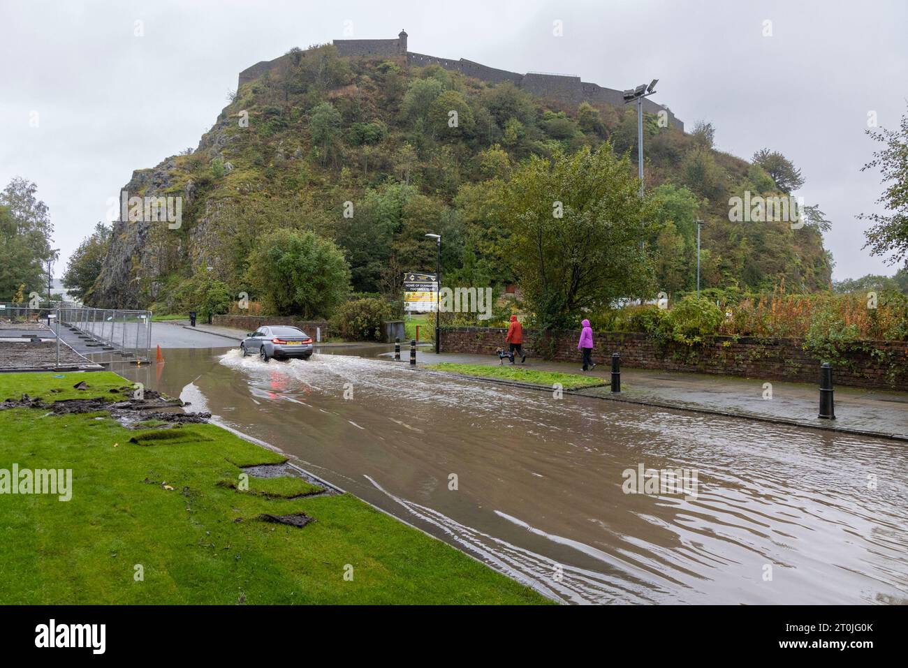 Floodwater covers the road outside Dumbarton Football Club in Dumbarton ...