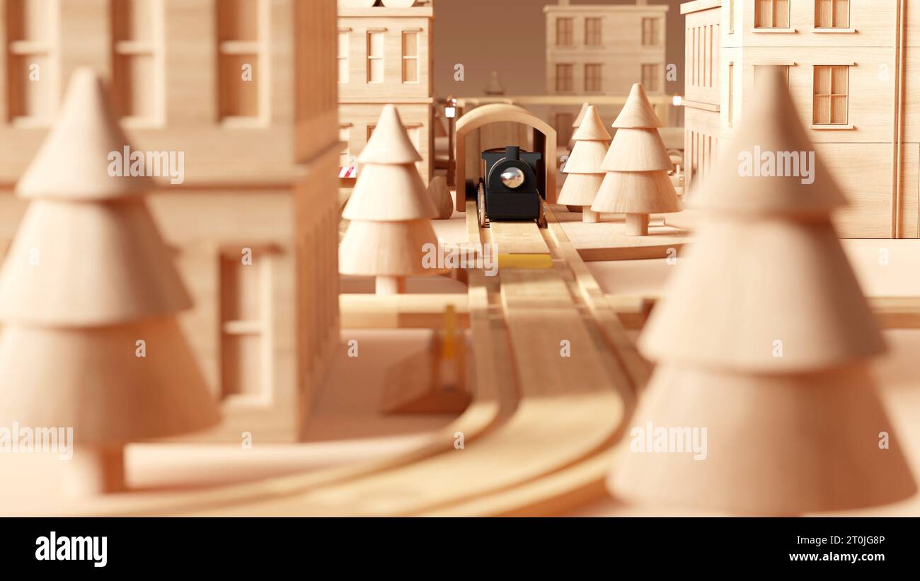 Wooden miniature city with toy train, cars and buildings. Small tiny ...