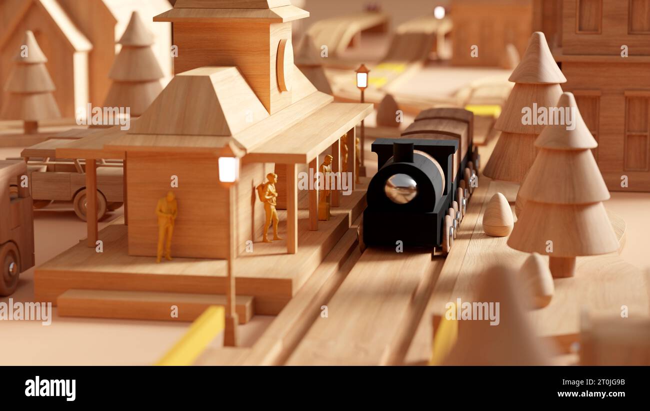 Wooden miniature city with toy train, cars and buildings. Small tiny ...