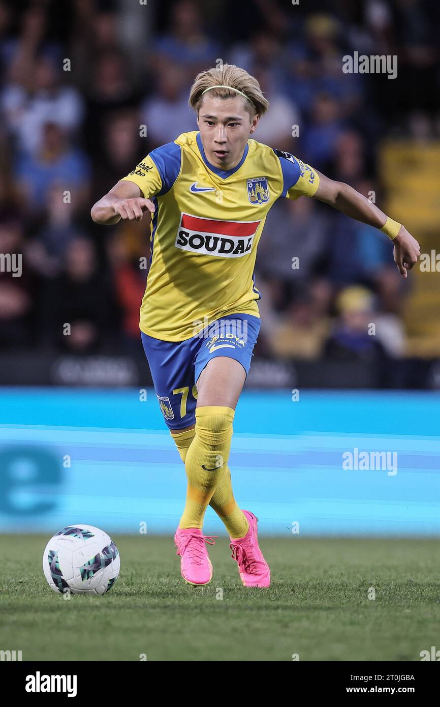 Westerlo, Belgium. 07th Oct, 2023. Westerlo's Yusuke Matsuo pictured in action during a soccer ...
