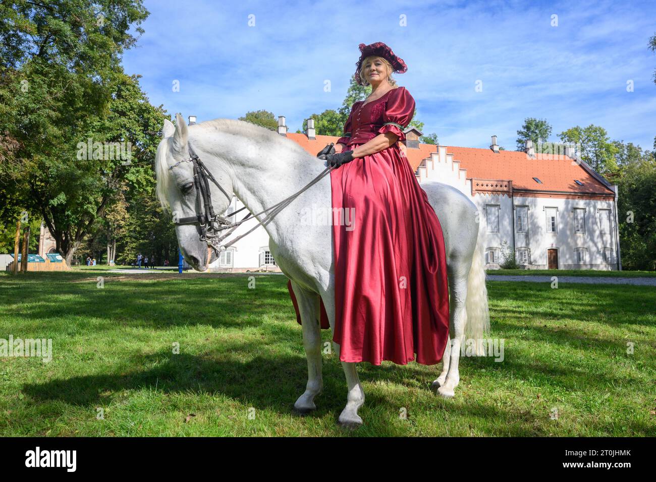 Zapresic, Croatia. 07th Oct, 2023. Woman dressed in crinolines ride a ...