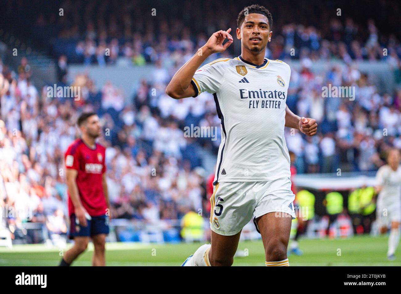 Madrid, Spain. 07th Oct, 2023. Jude Bellingham (Real Madrid) celebrates ...
