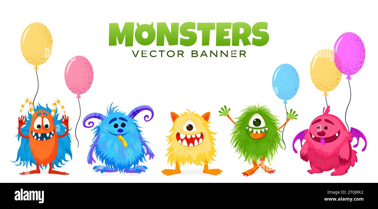 Banner with funny cartoon monsters and balloons Stock Vector Image ...